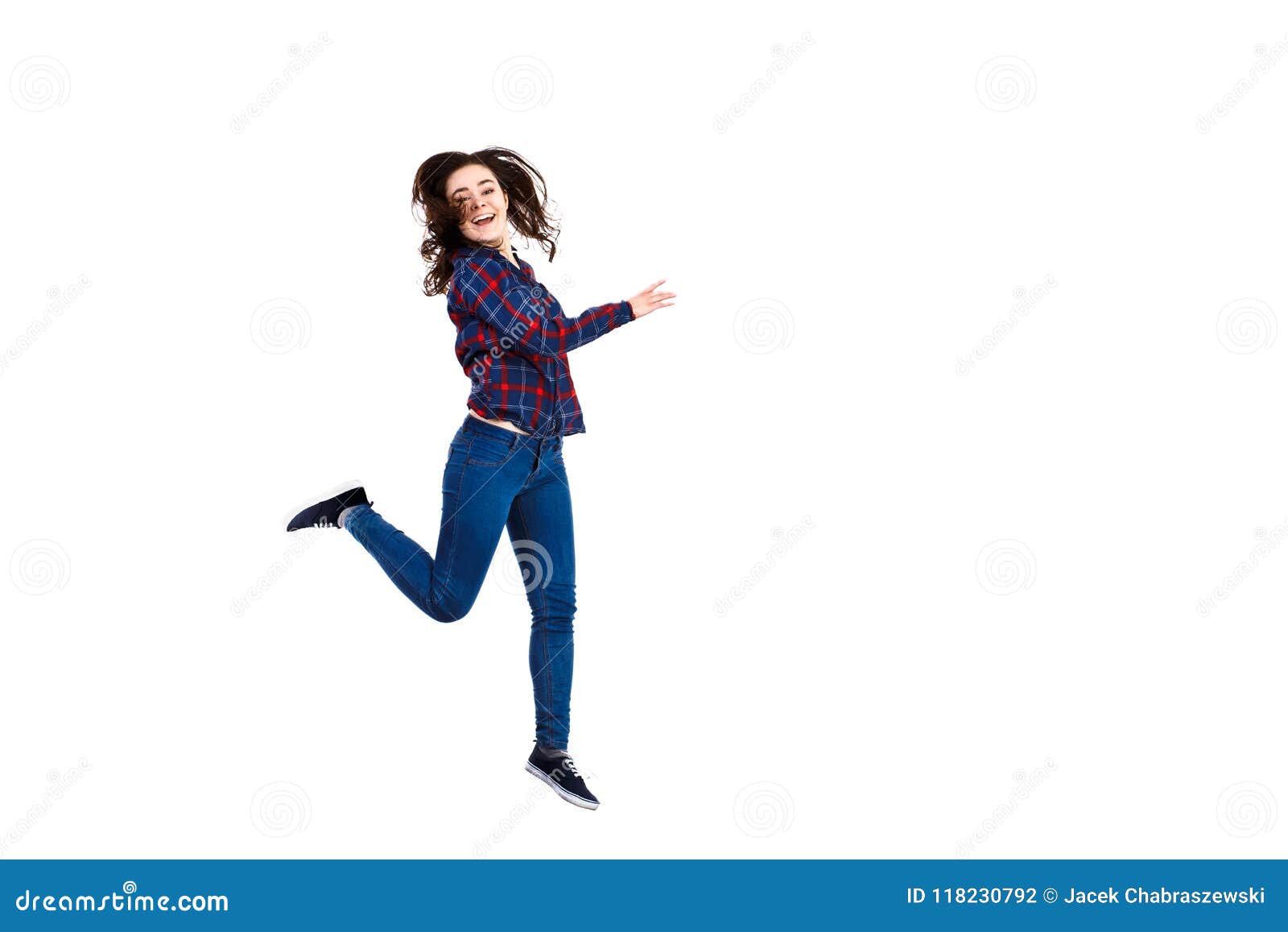 Young Woman Jumping on White Background Stock Photo - Image of running ...