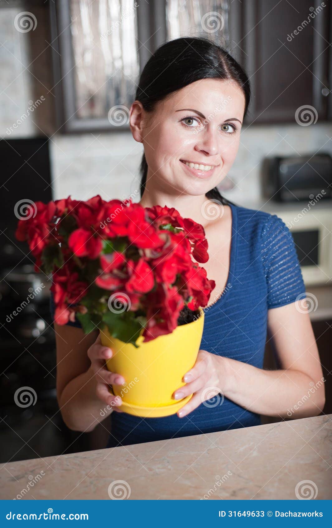 Young Woman Keeps a Flower in a Pot Stock Image - Image of reflection ...