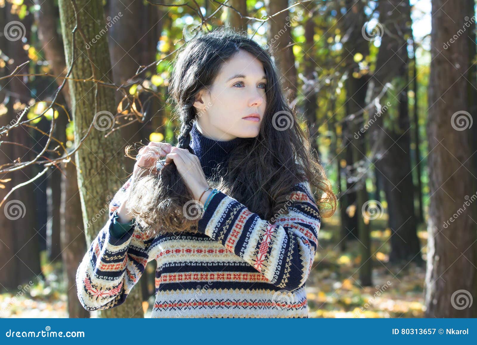 Young Woman in Knitted Woolly Sweater Making Braid Stock Image - Image ...