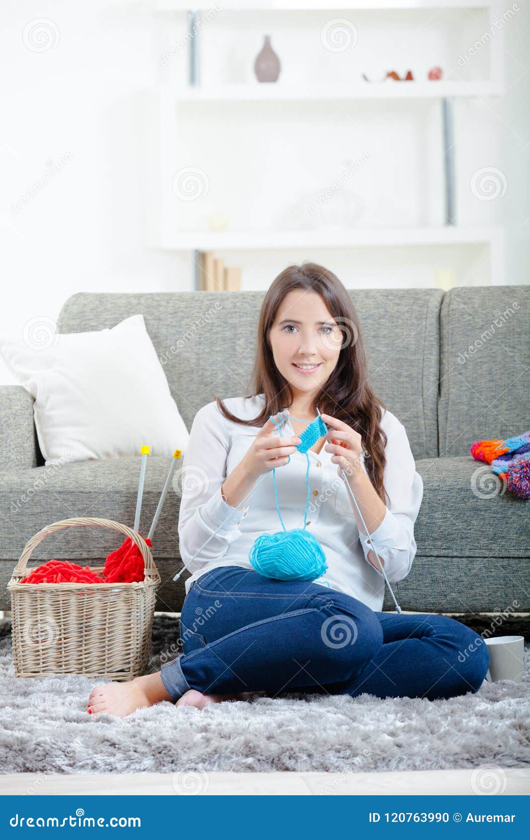Young Woman Knitting at Home Stock Photo - Image of living, couch ...