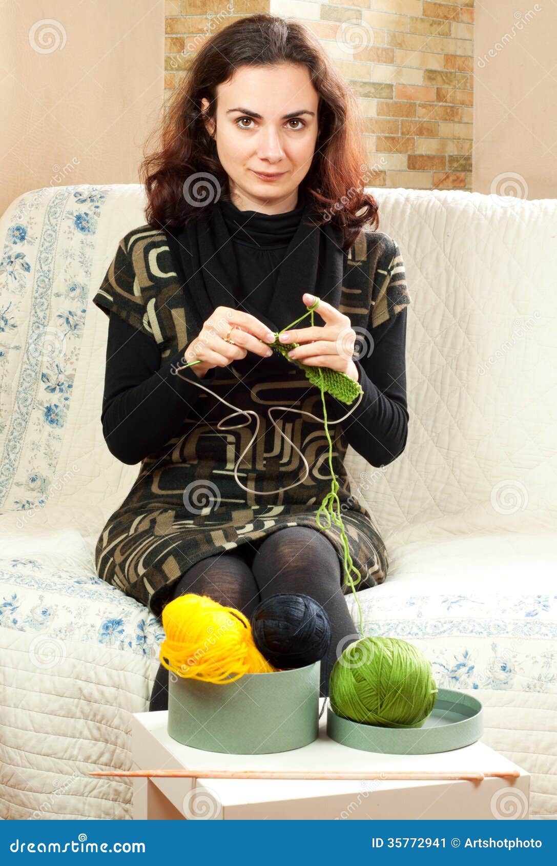 Young woman knitting stock image. Image of dress, black - 35772941
