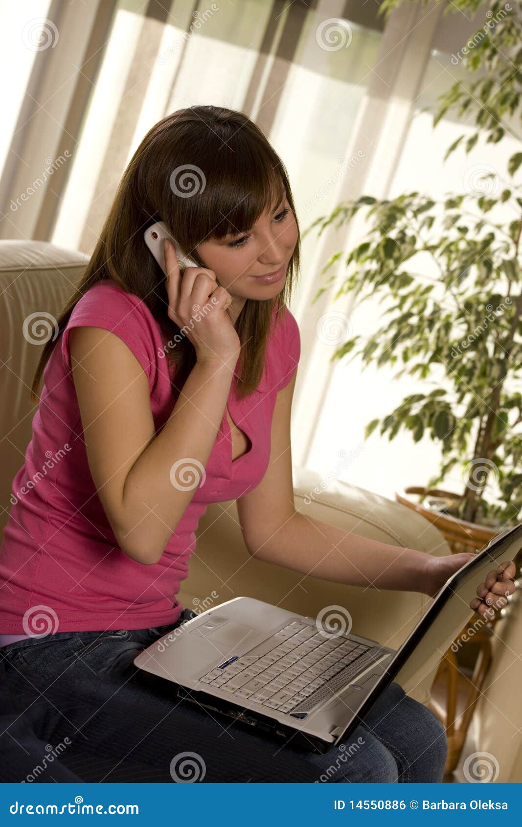 Young Woman with Laptop and Cell Phone Stock Photo - Image of person ...