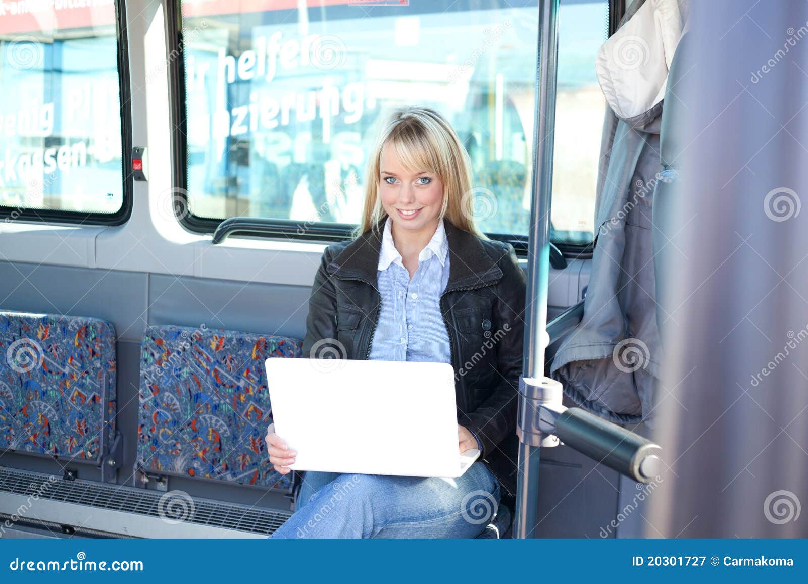 Young Woman with a Laptop Inside a Bus Stock Image - Image of laptop ...