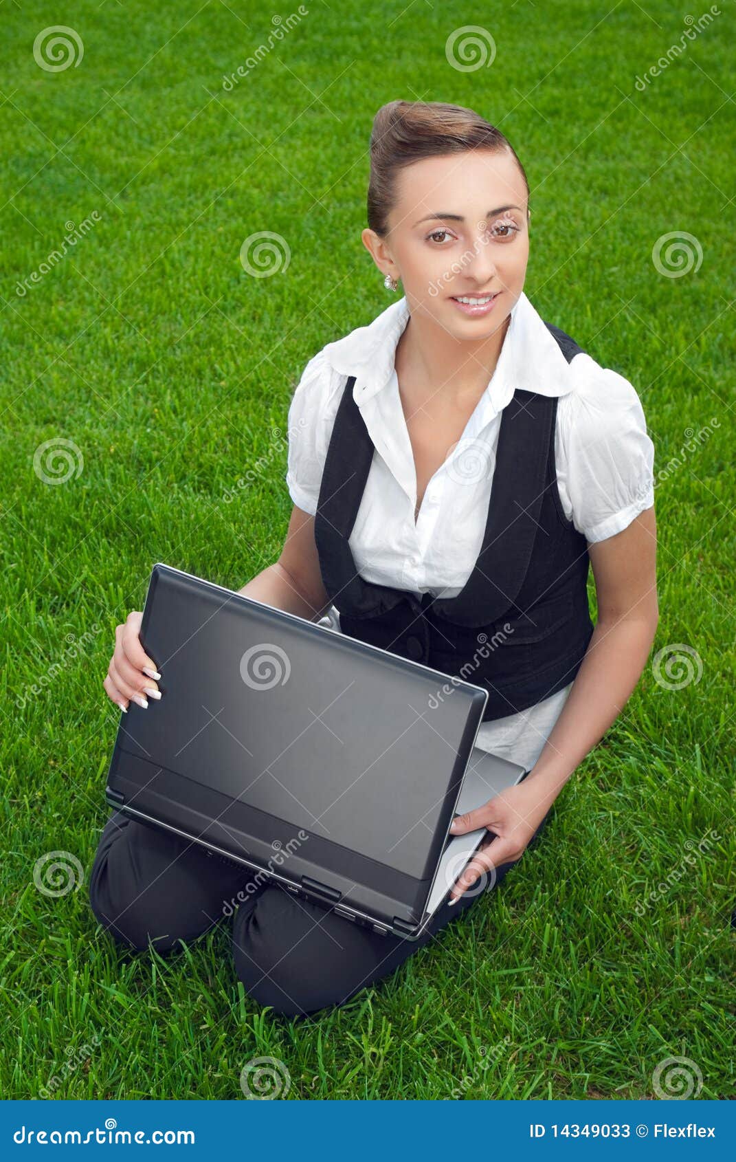 Young Woman with Laptop Sitting on Lawn Stock Image - Image of cheerful ...