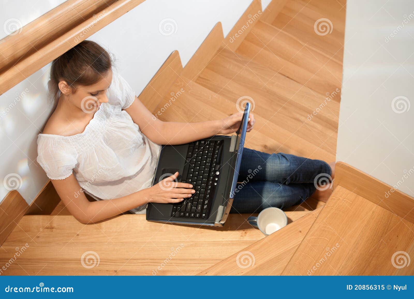 Young Woman with Laptop at Stairs Stock Image - Image of caucasian ...
