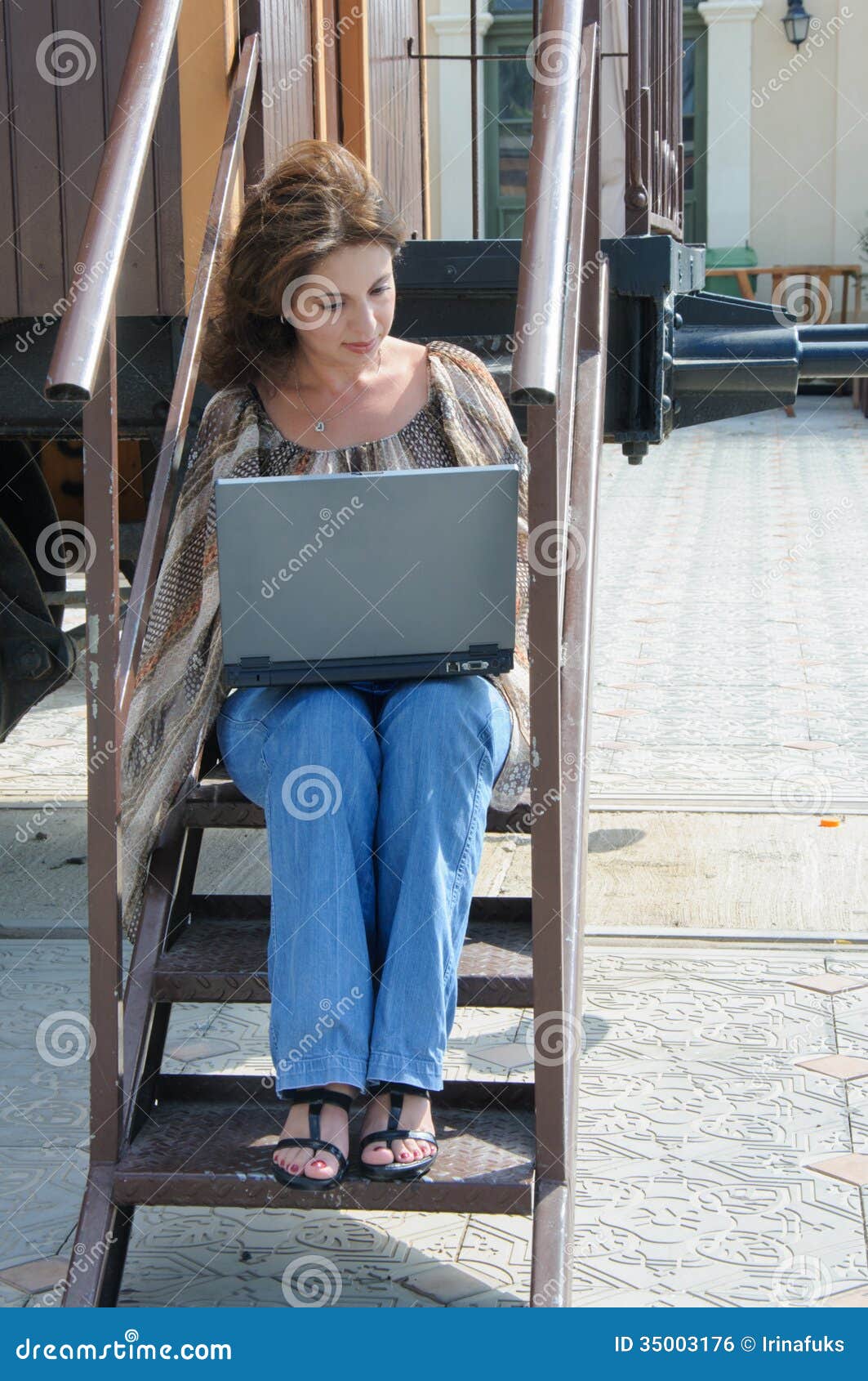 Young Woman with Laptop on the Steps of Old Train Stock Photo - Image ...
