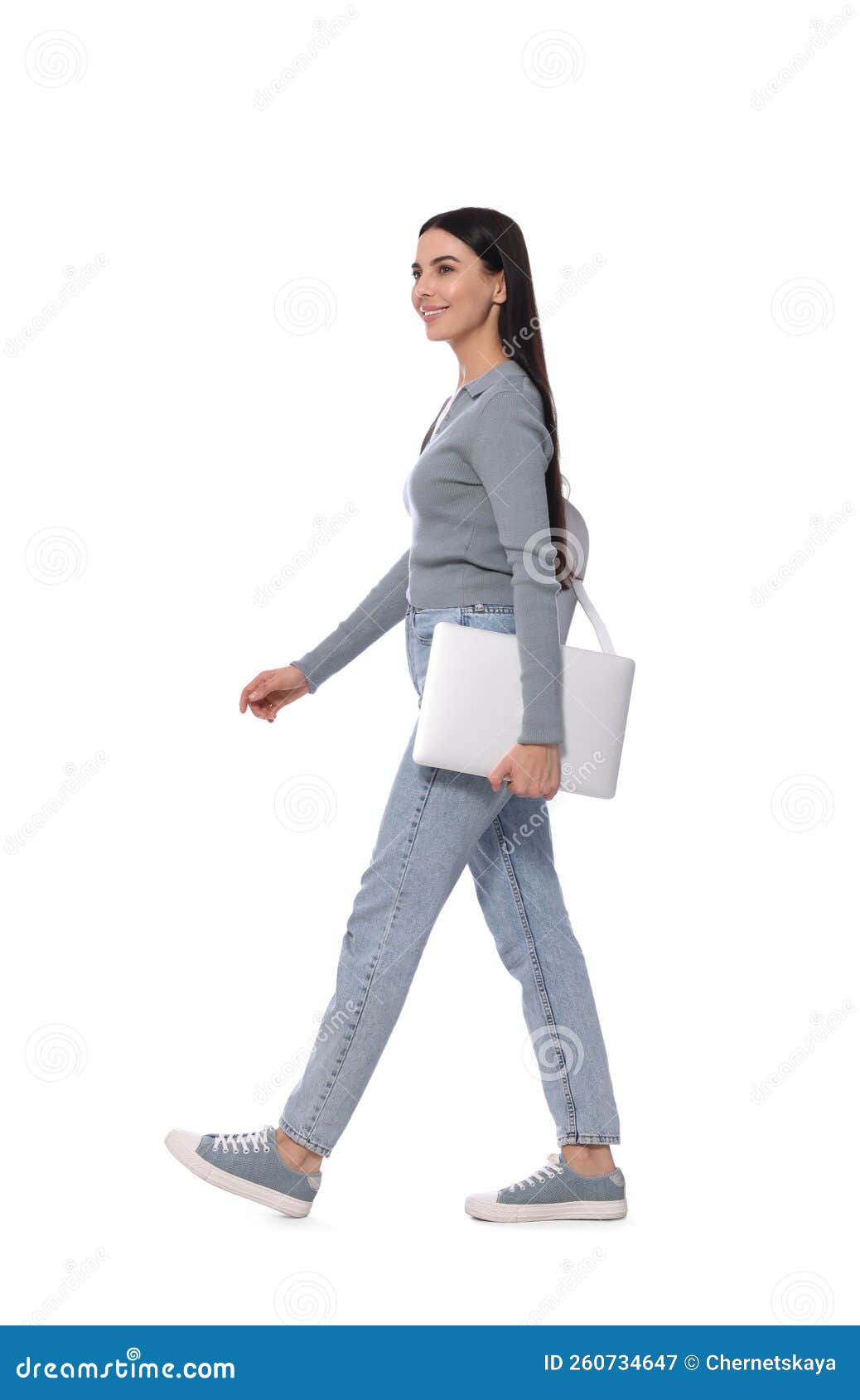 Young Woman with Laptop Walking on White Background Stock Image - Image ...