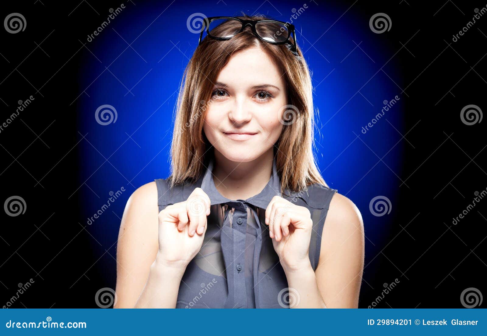 Young Woman with Nerd Glasses on Head Holding the Collar Stock Image ...
