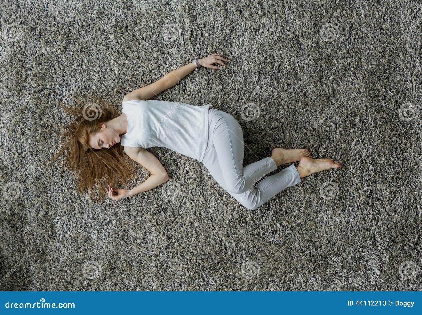 Young Woman Laying on Carpet Stock Image - Image of leisure, relax ...