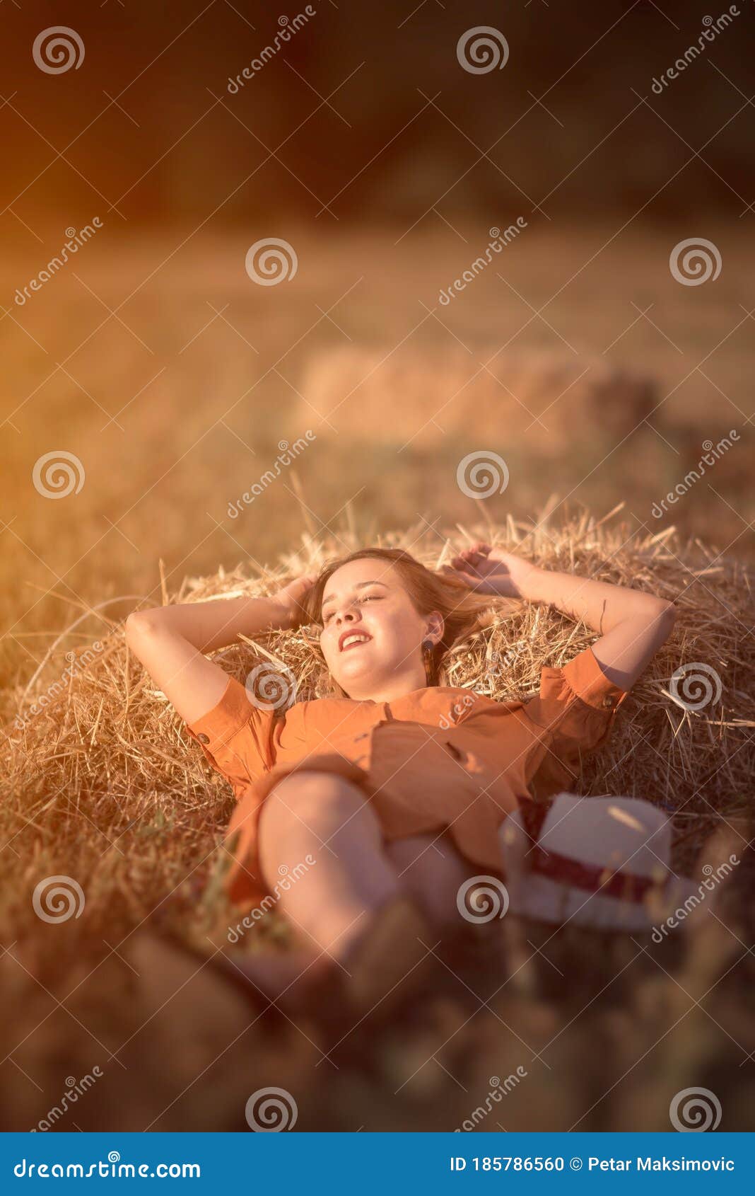 Young woman laying in hay stock photo. Image of beautiful - 185786560