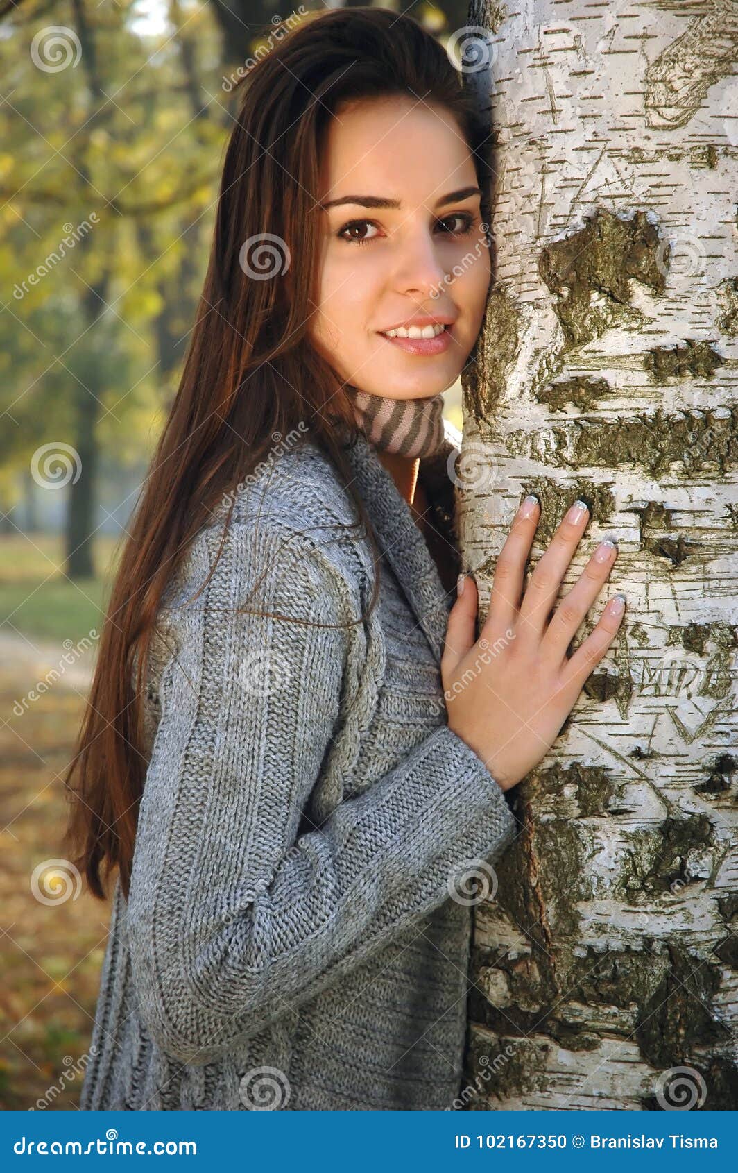 Young Woman Leaned on a Birch Stock Photo - Image of nature, bark ...