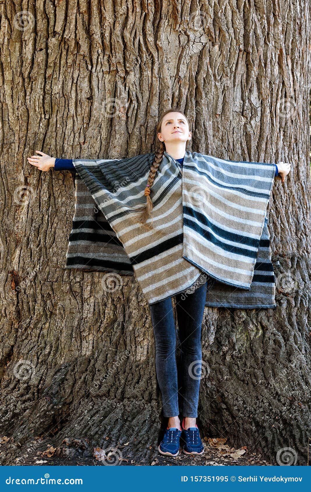 Young Woman Leaned Her Back Against the Trunk of a Large Tree. Unity ...