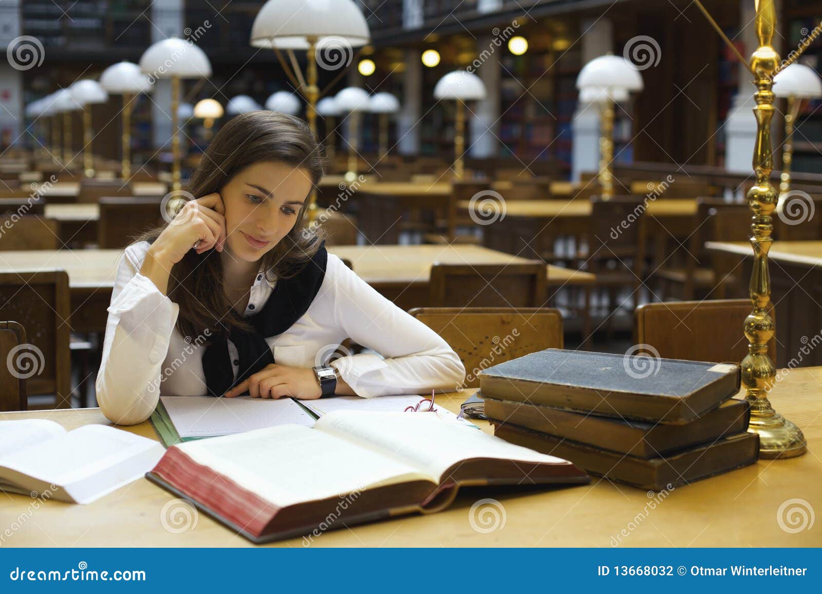 In The Library. Woman Student Enjoy Reading Literacy. Pretty Woman Read ...