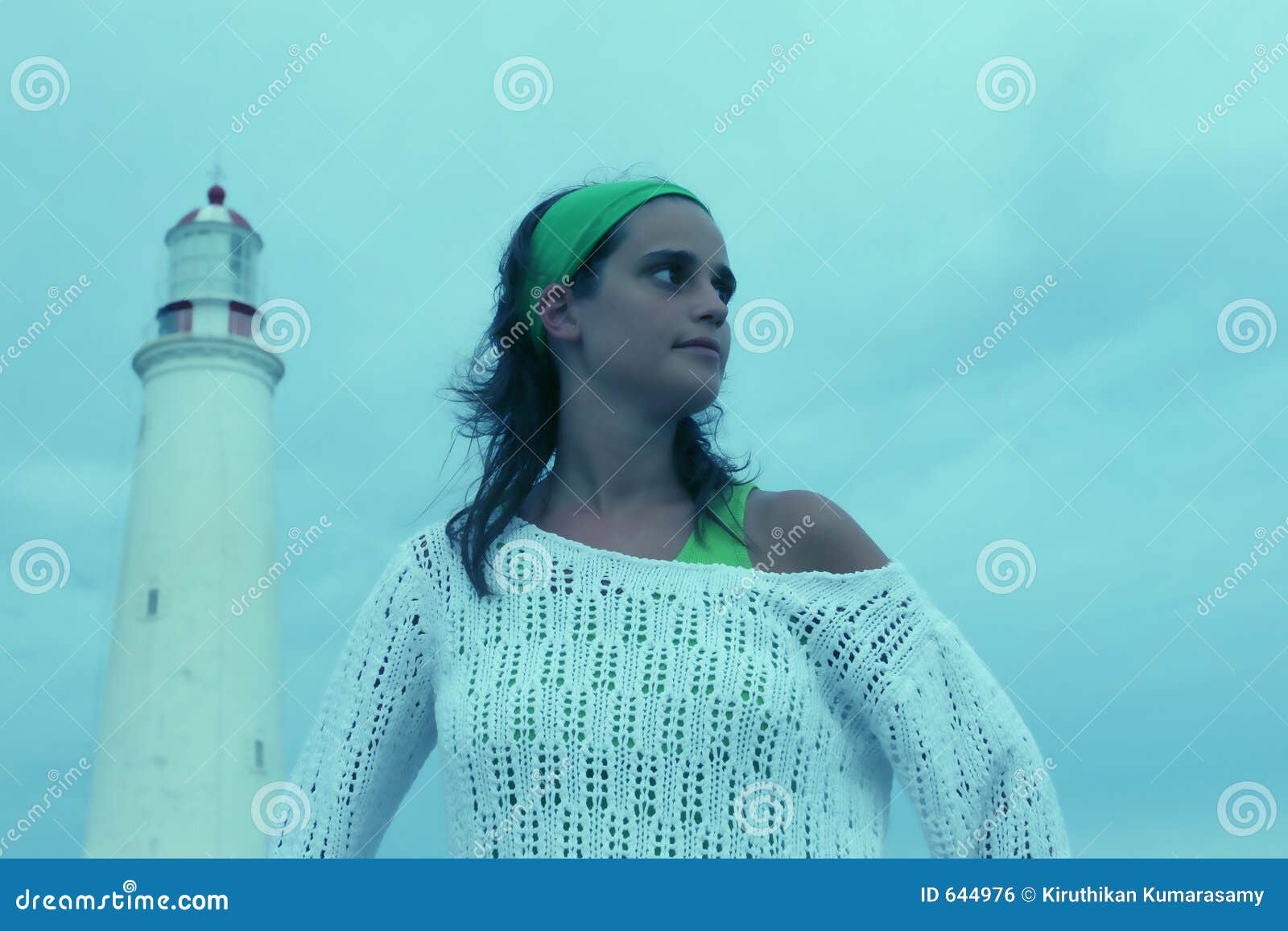 Young Woman with a Lighthouse Stock Photo - Image of cyan, beautiful ...