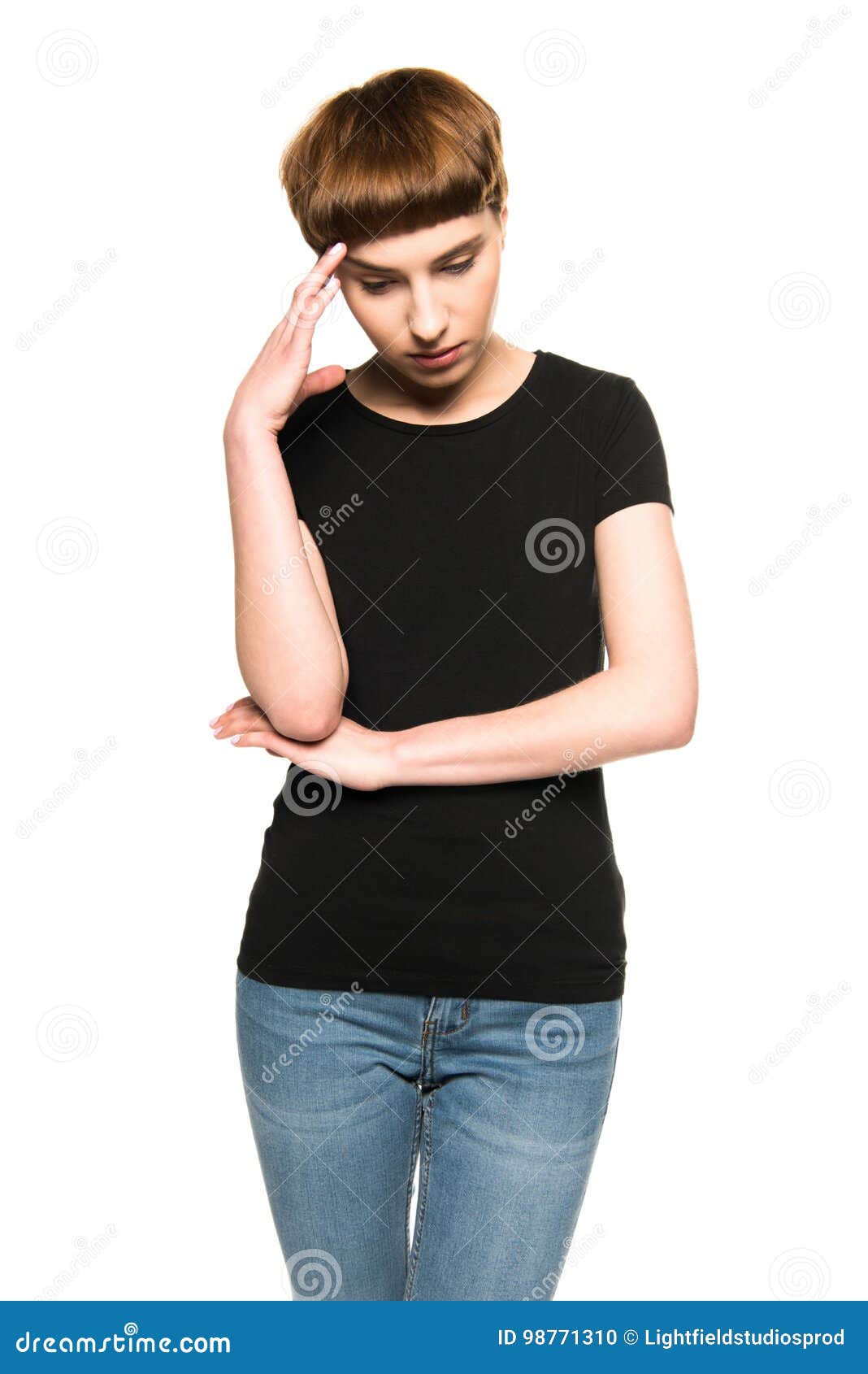 Young Woman Looking Down, Isolated on White Stock Photo - Image of ...