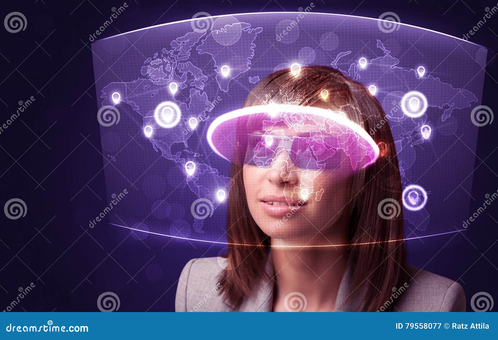 Young Woman Looking at Futuristic Social Network Map Stock Image ...