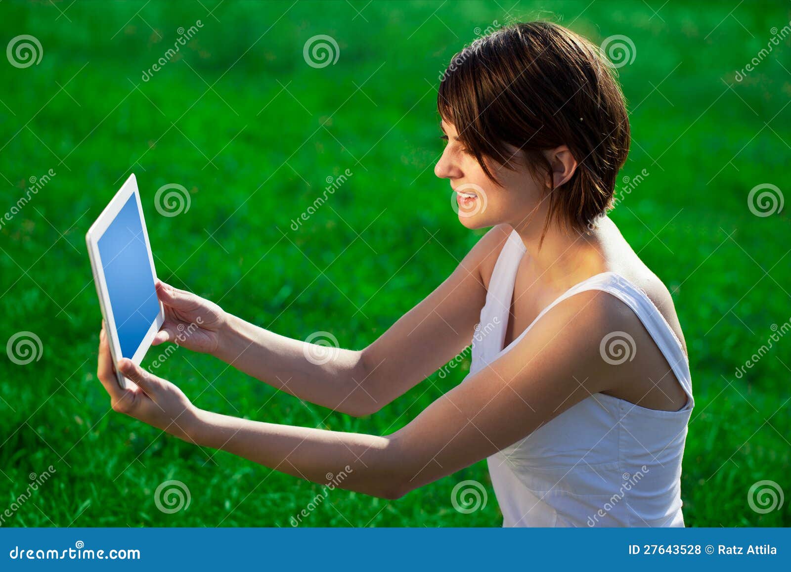 Young Woman Looking at Modern Tablet Stock Photo - Image of cart, icon ...