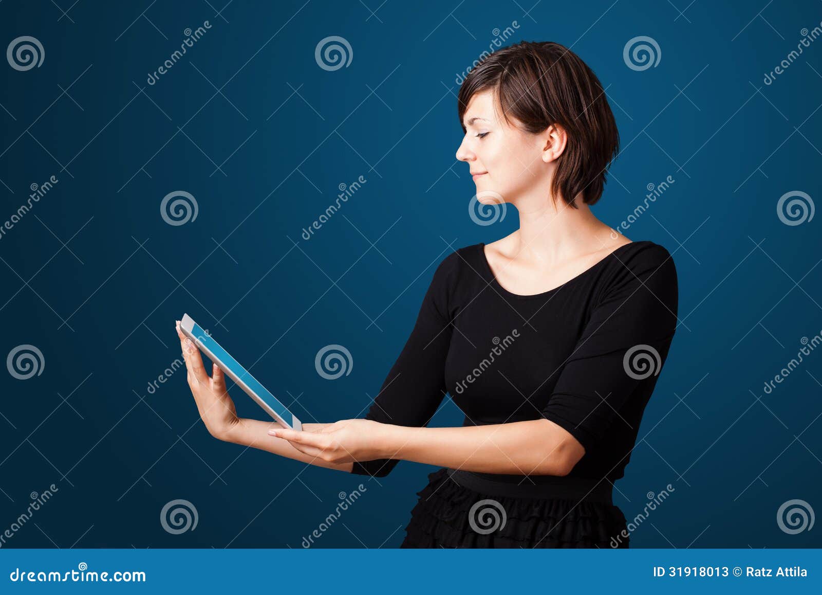 Young Woman Looking at Modern Tablet Stock Image - Image of information ...