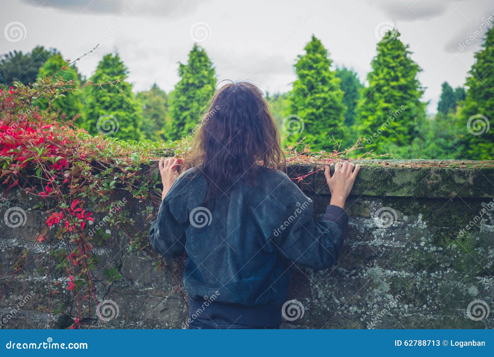 Young Woman Looking Over Wall Stock Image - Image of woman, outside ...