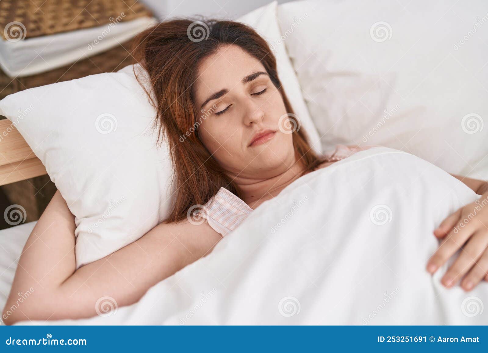 Young Woman Lying on Bed Sleeping at Bedroom Stock Image - Image of ...