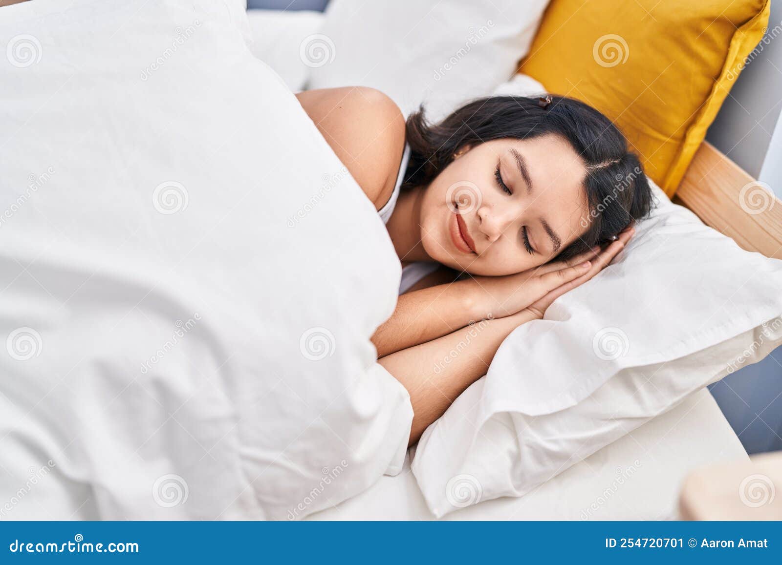 Young Woman Lying on Bed Sleeping at Bedroom Stock Image - Image of ...