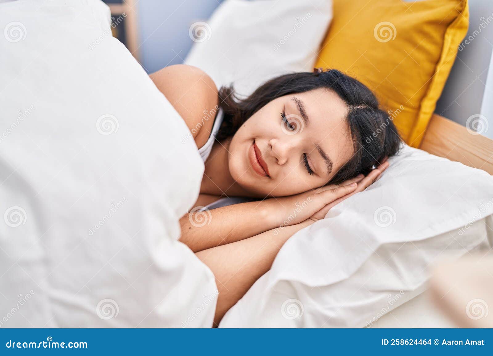 Young Woman Lying on Bed Sleeping at Bedroom Stock Photo - Image of ...