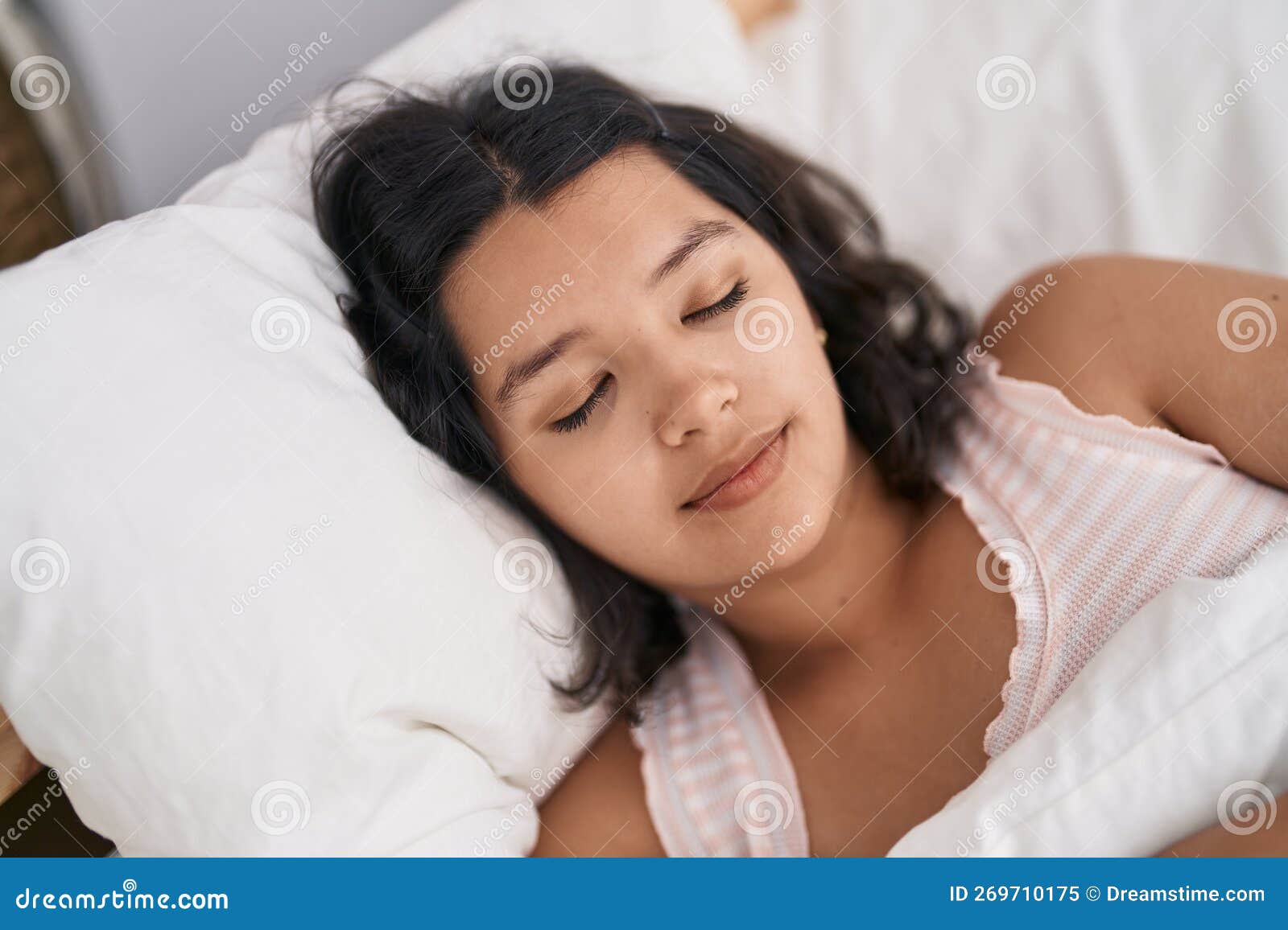 Young Woman Lying on Bed Sleeping at Bedroom Stock Image - Image of ...