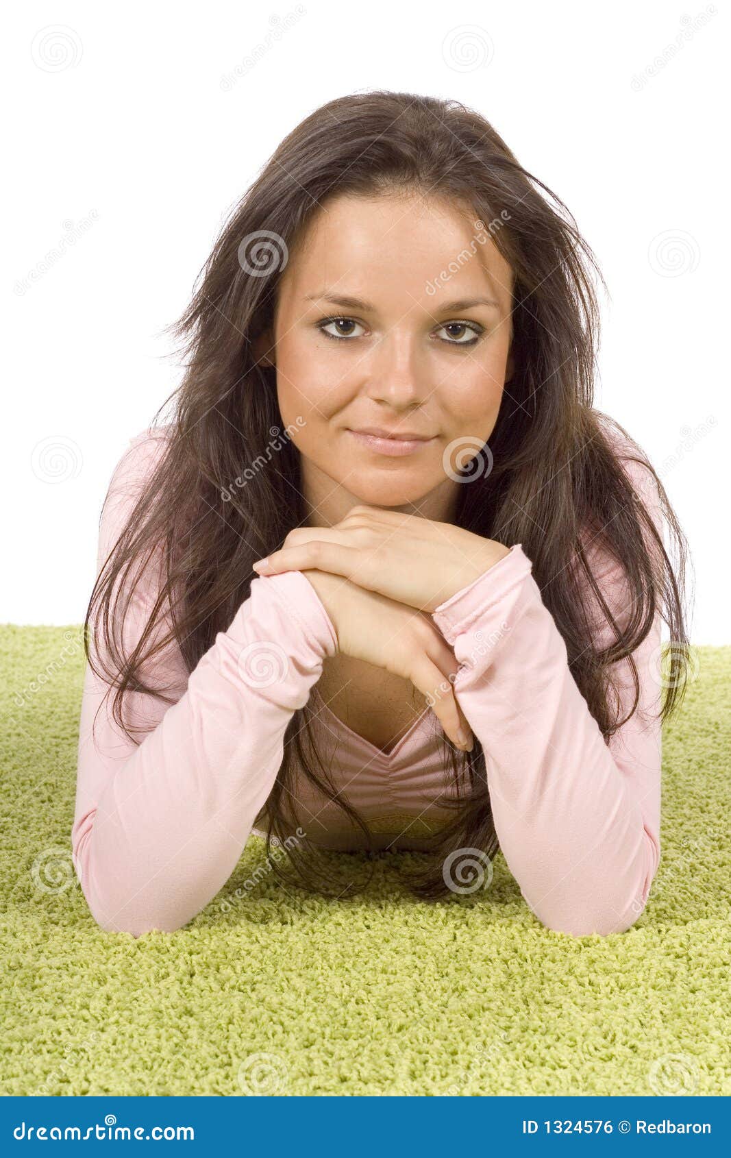 Young Woman Lying on the Green Carpet Stock Photo - Image of body ...