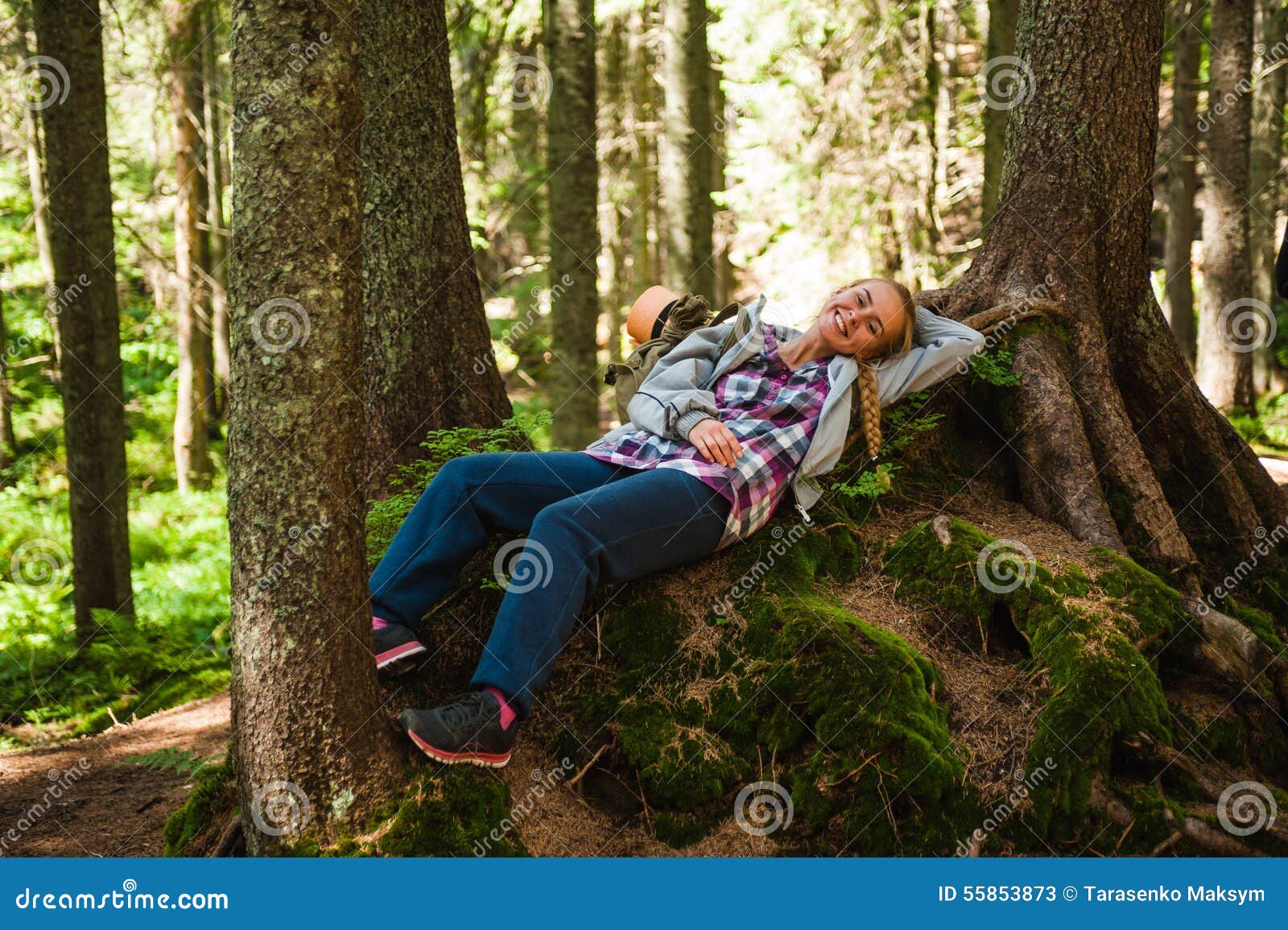 Young Woman Lying on a Rock in Forest Stock Image - Image of girl ...