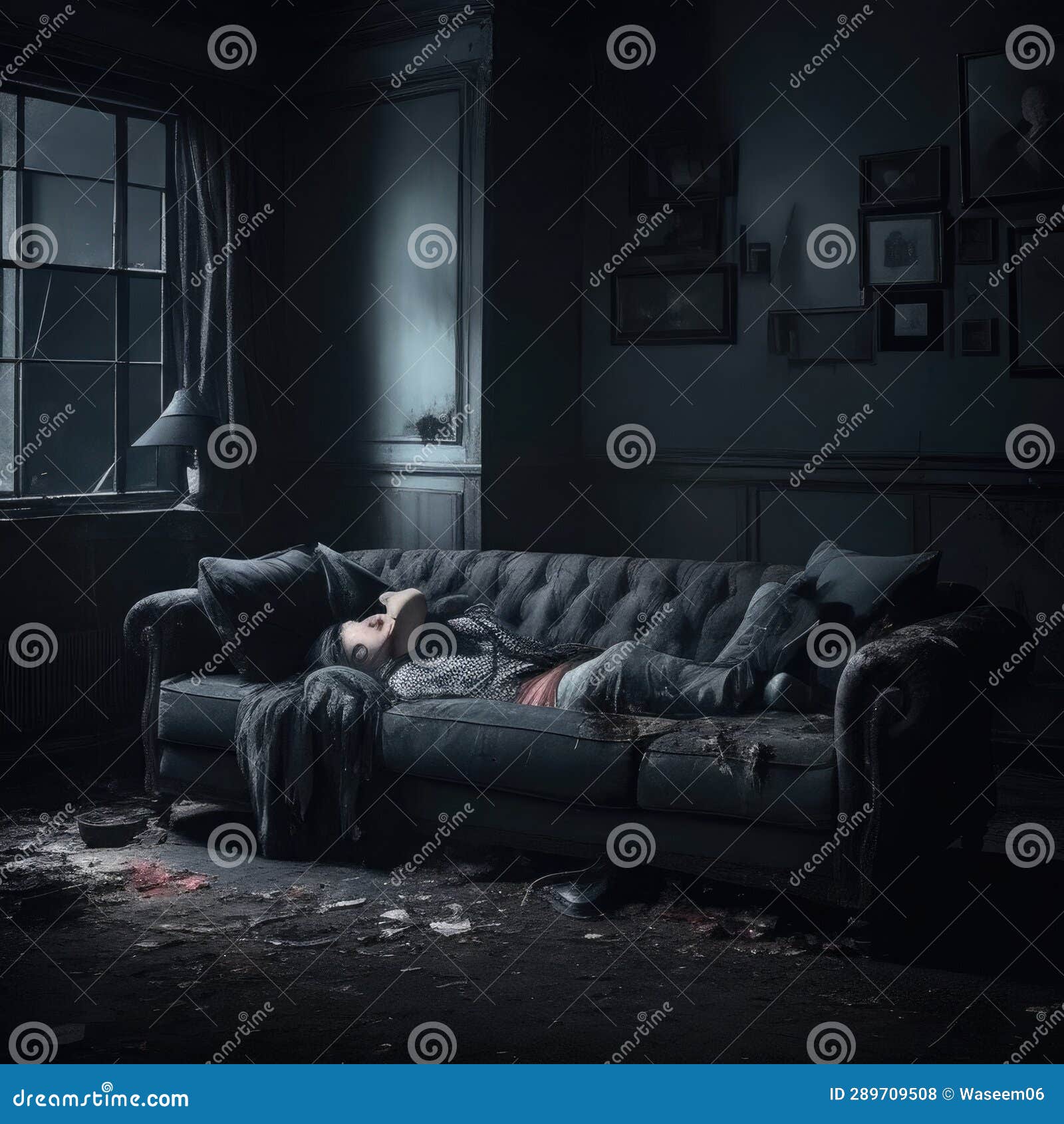 Young Woman Lying on the Sofa in a Dark Room. Horror Evil Witch Concept ...