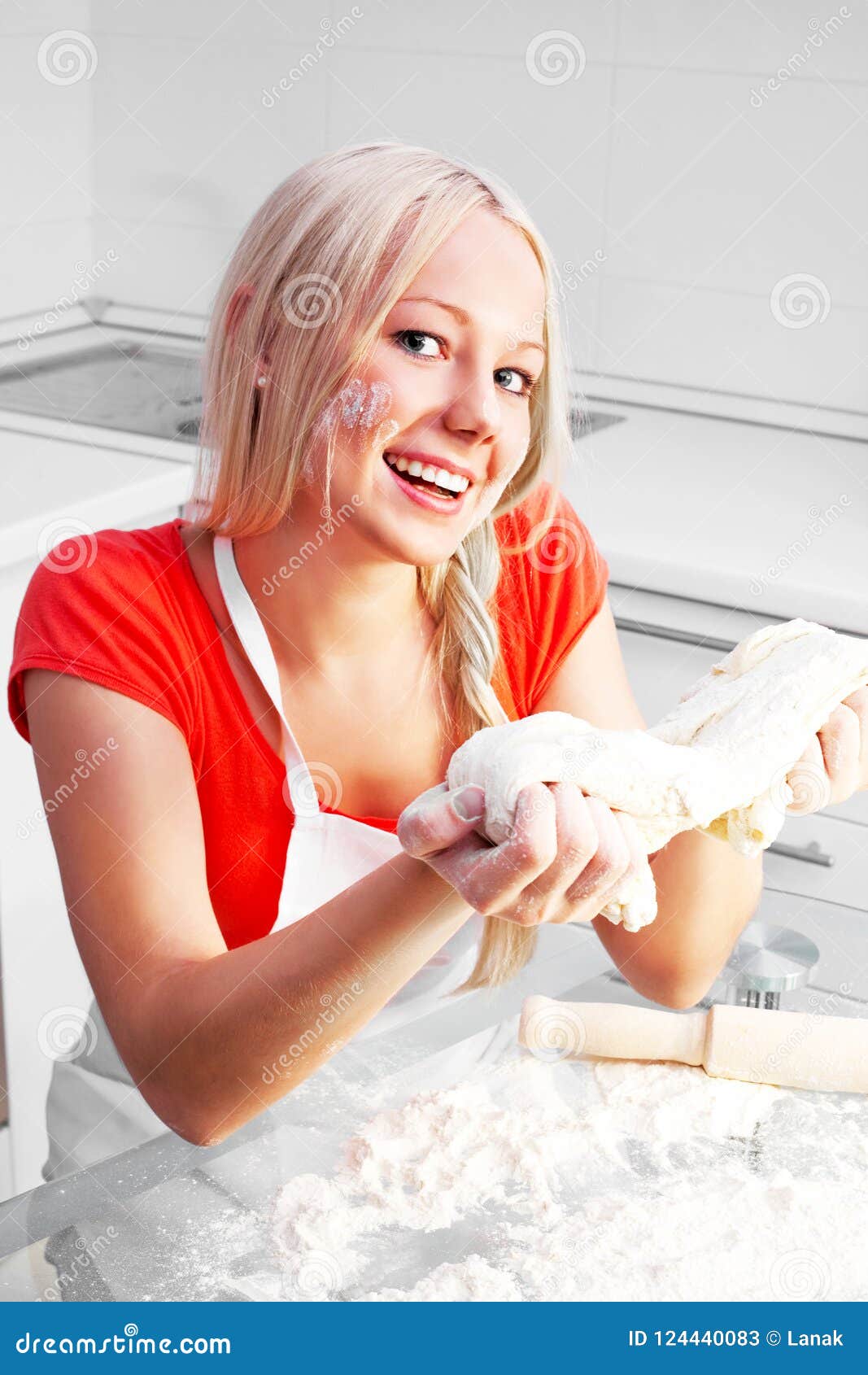 Young woman making dough stock image. Image of hungry - 124440083