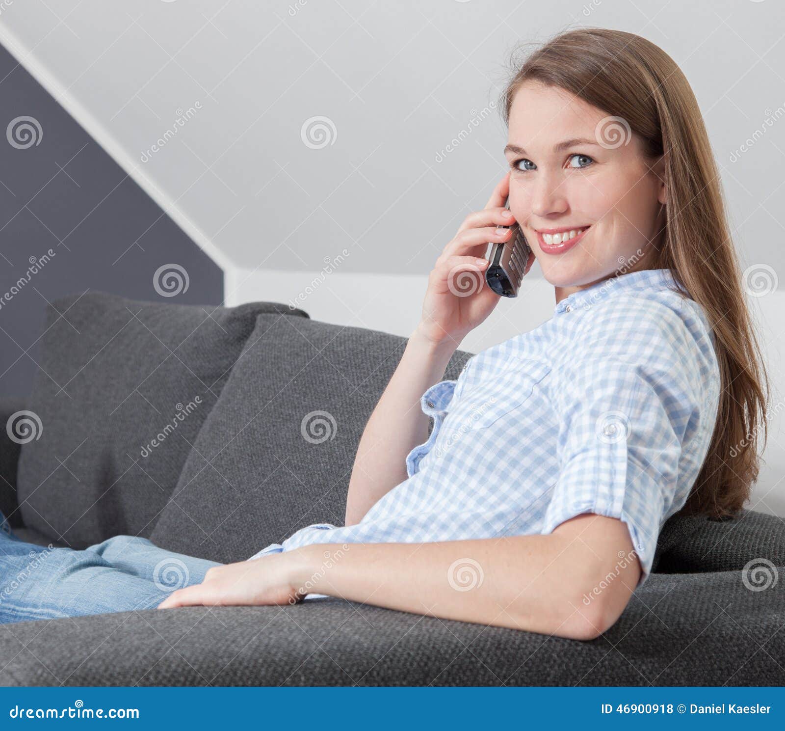 Young Woman Making Phone Call at Home Stock Photo - Image of phone ...