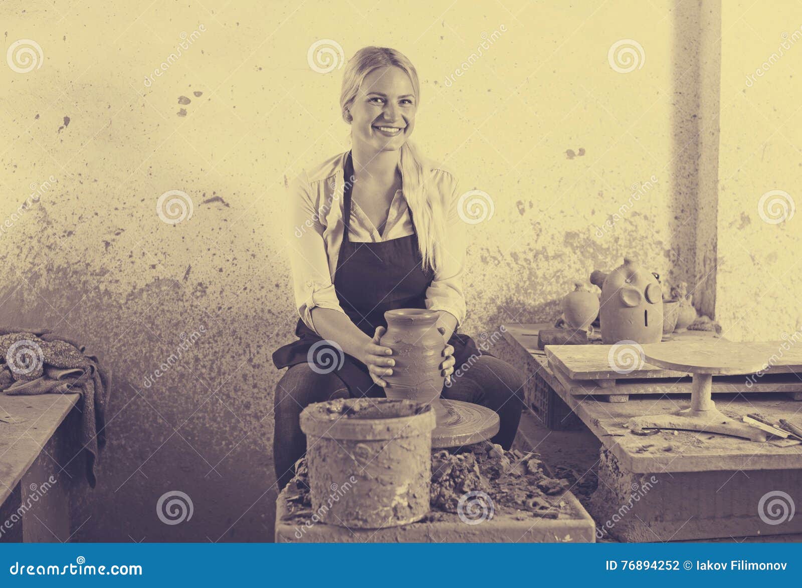 Young Woman Making Pot Using Pottery Wheel Stock Photo - Image of hands ...