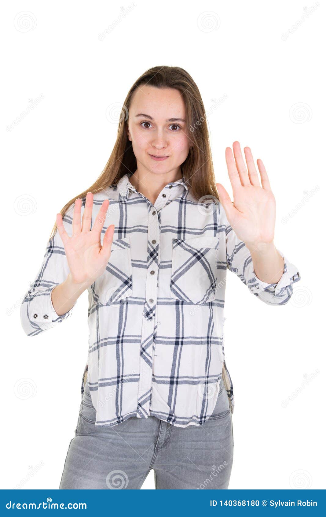 Young Woman Making a Rejection Pose Hand Sign Stop Refusal with Both ...