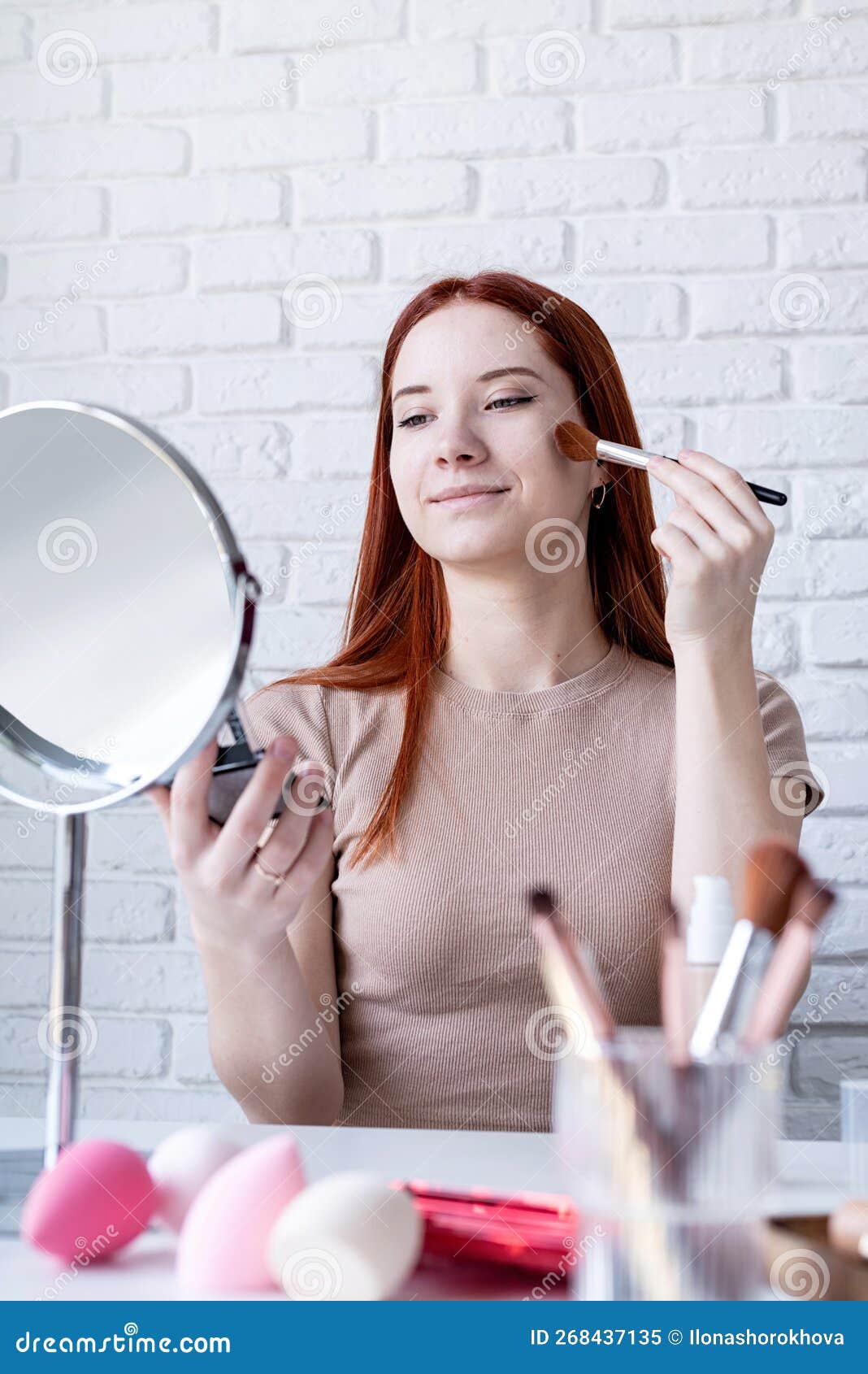 Young Woman Making Up at Home, Using Eyeshadows Stock Image - Image of ...