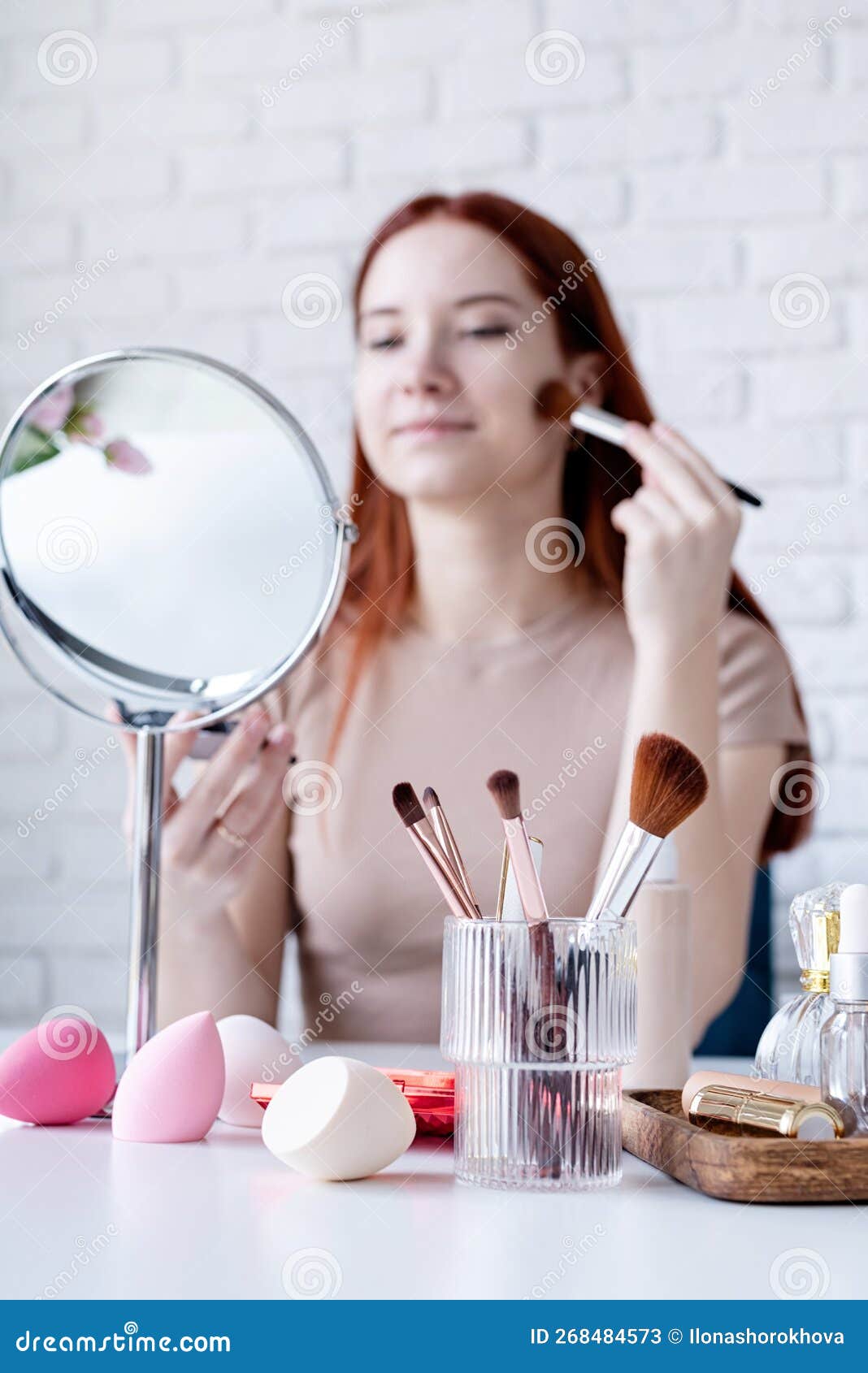 Young Woman Making Up at Home, Using Eyeshadows Stock Image - Image of ...