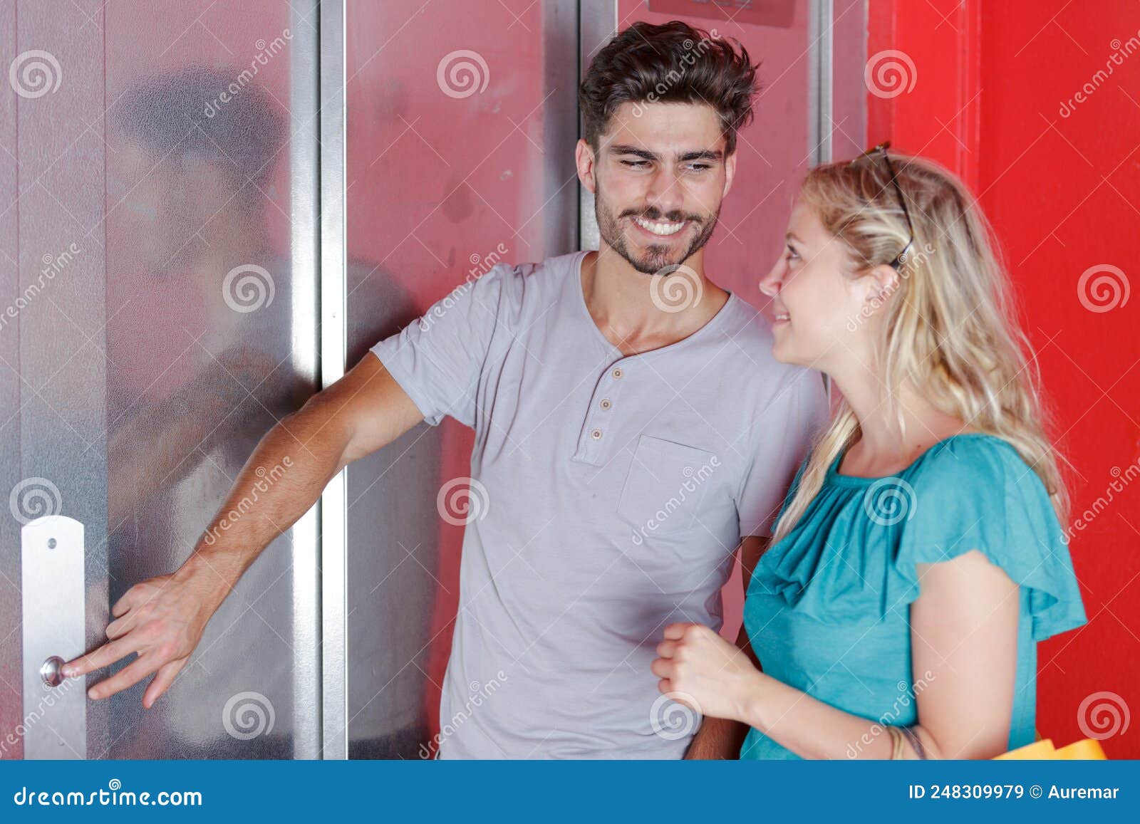 Young Woman and Man Entering Shop Stock Image - Image of relationship ...