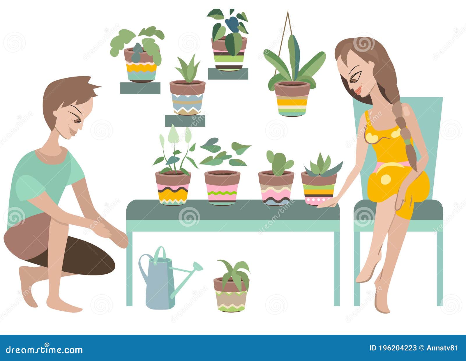 Young Woman and Man Watering Plants. Objects Isolated on White.Flat ...