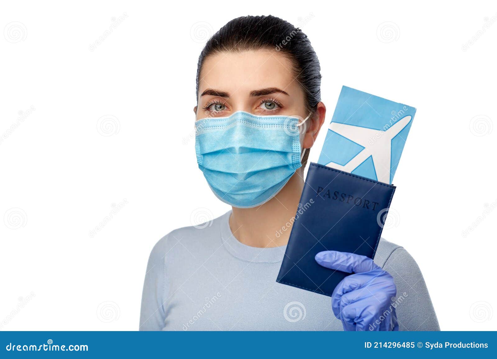 Young Woman In Mask With Air Ticket And Passport Stock Image Image Of