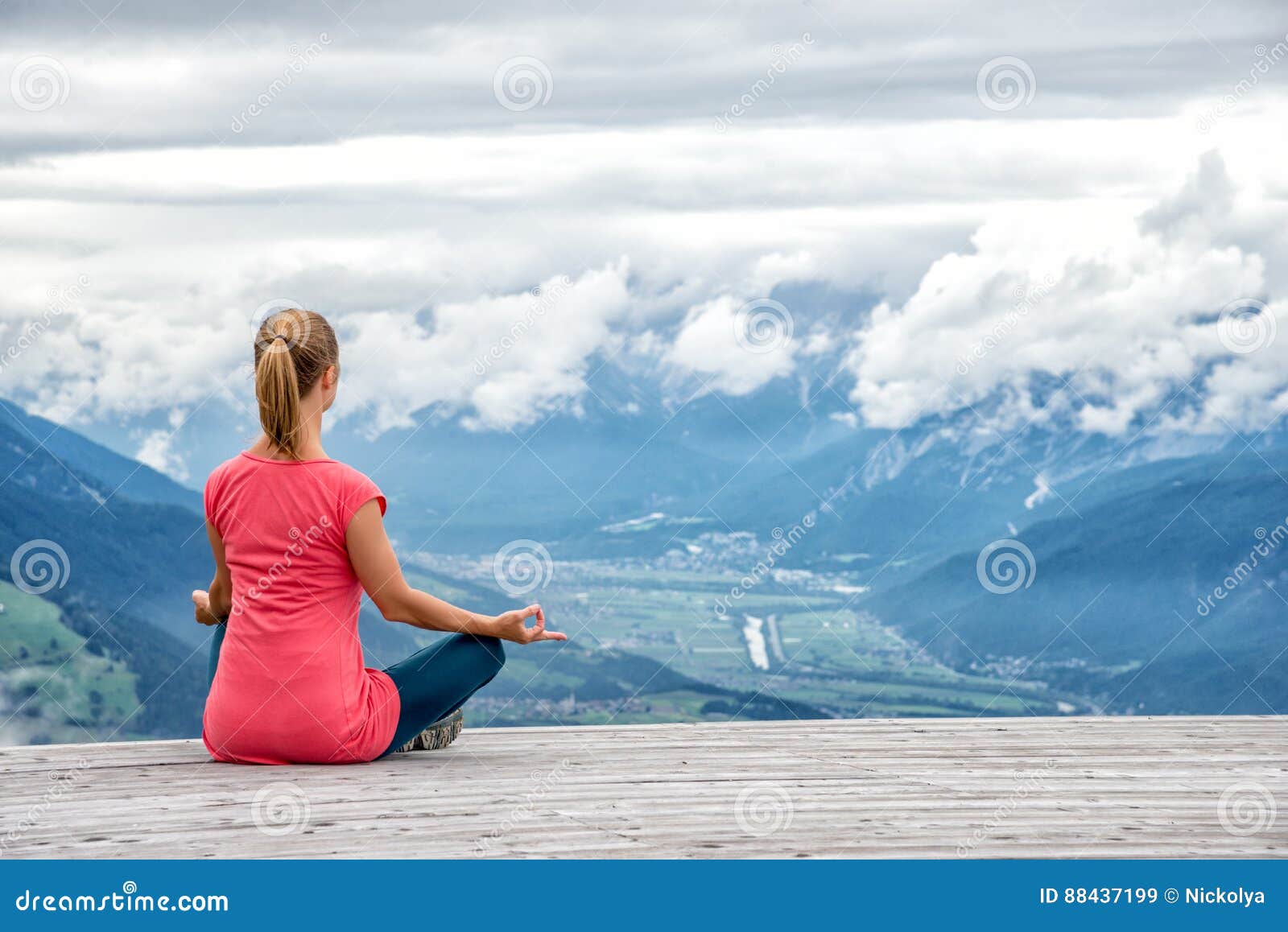 Young Woman Meditate on Top of the Mountain Stock Image - Image of ...