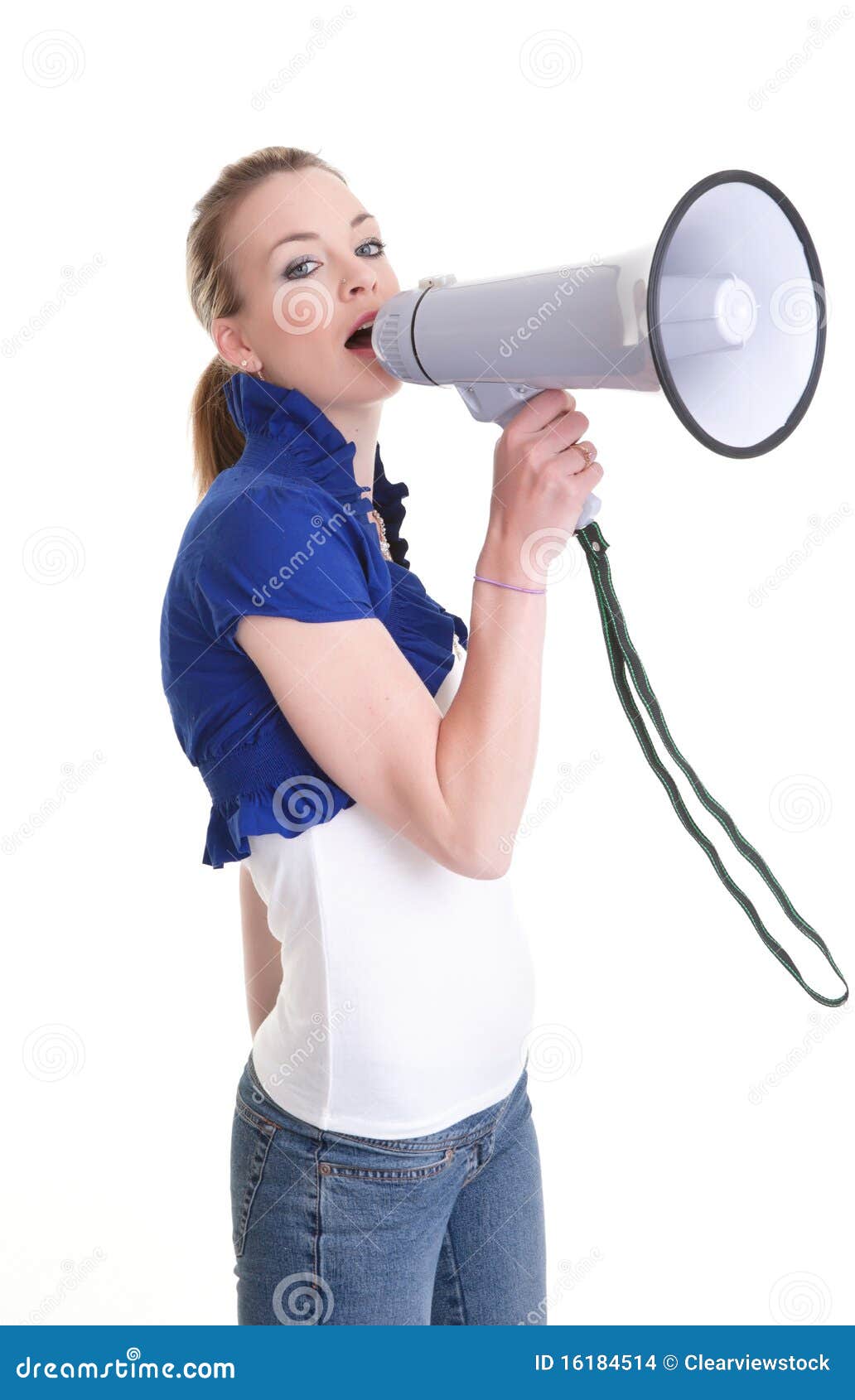 Young woman with megaphone stock photo. Image of isolated - 16184514