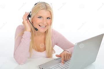 Young Woman with Microphone and Computer Stock Image - Image of ...