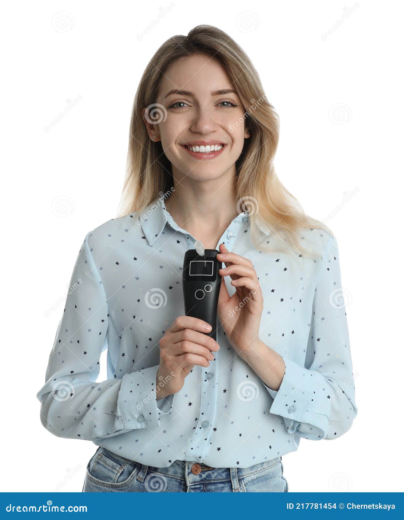 Young Woman with Modern Breathalyzer on White Background Stock Photo ...