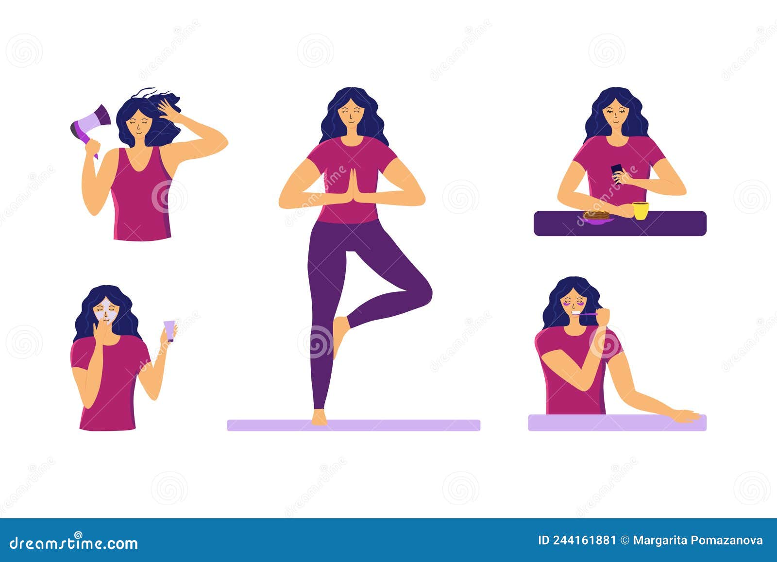 Young Woman Morning Routine Vector Flat Illustration Set Stock Vector ...