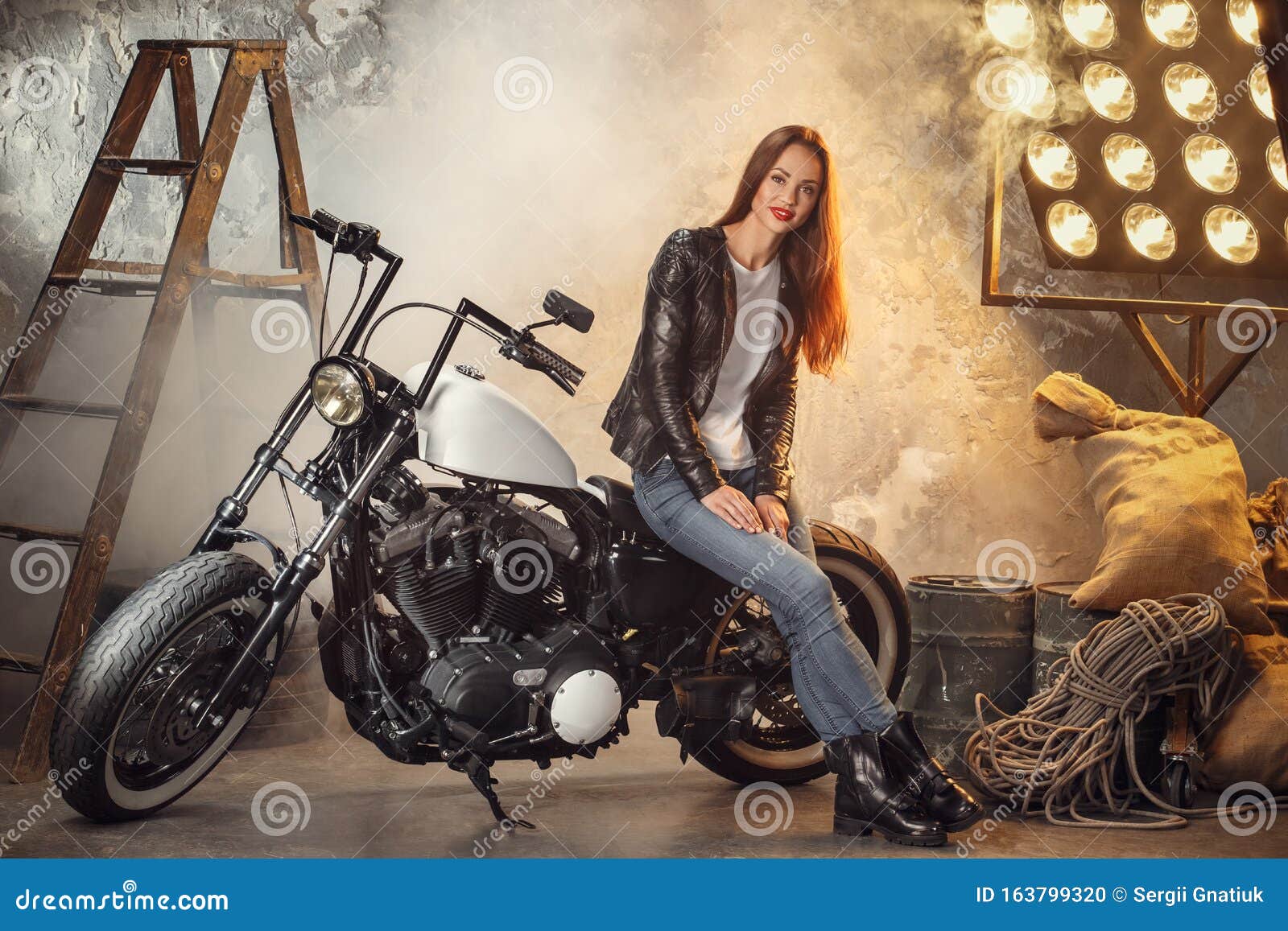 Young Woman with Motorcycle Studio Stock Photo - Image of motorcycle ...