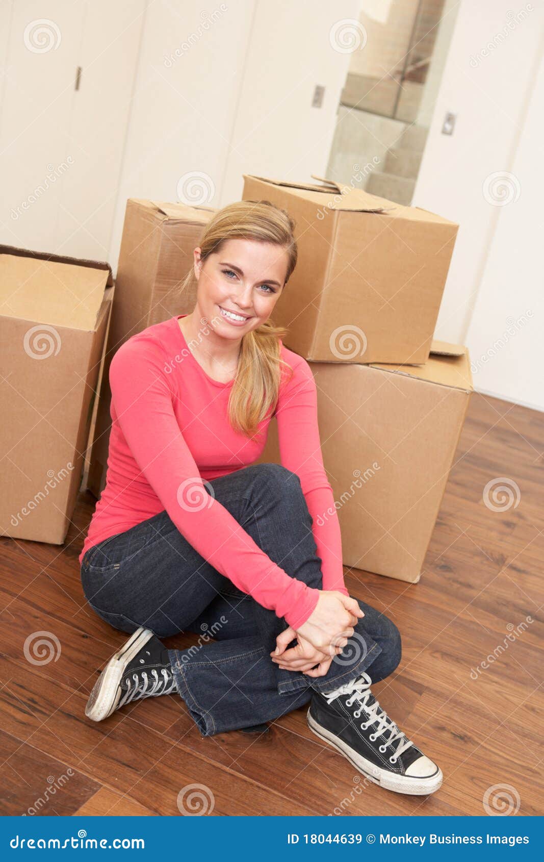 Young Woman on Moving Day Sitting on Floor Stock Image - Image of floor ...