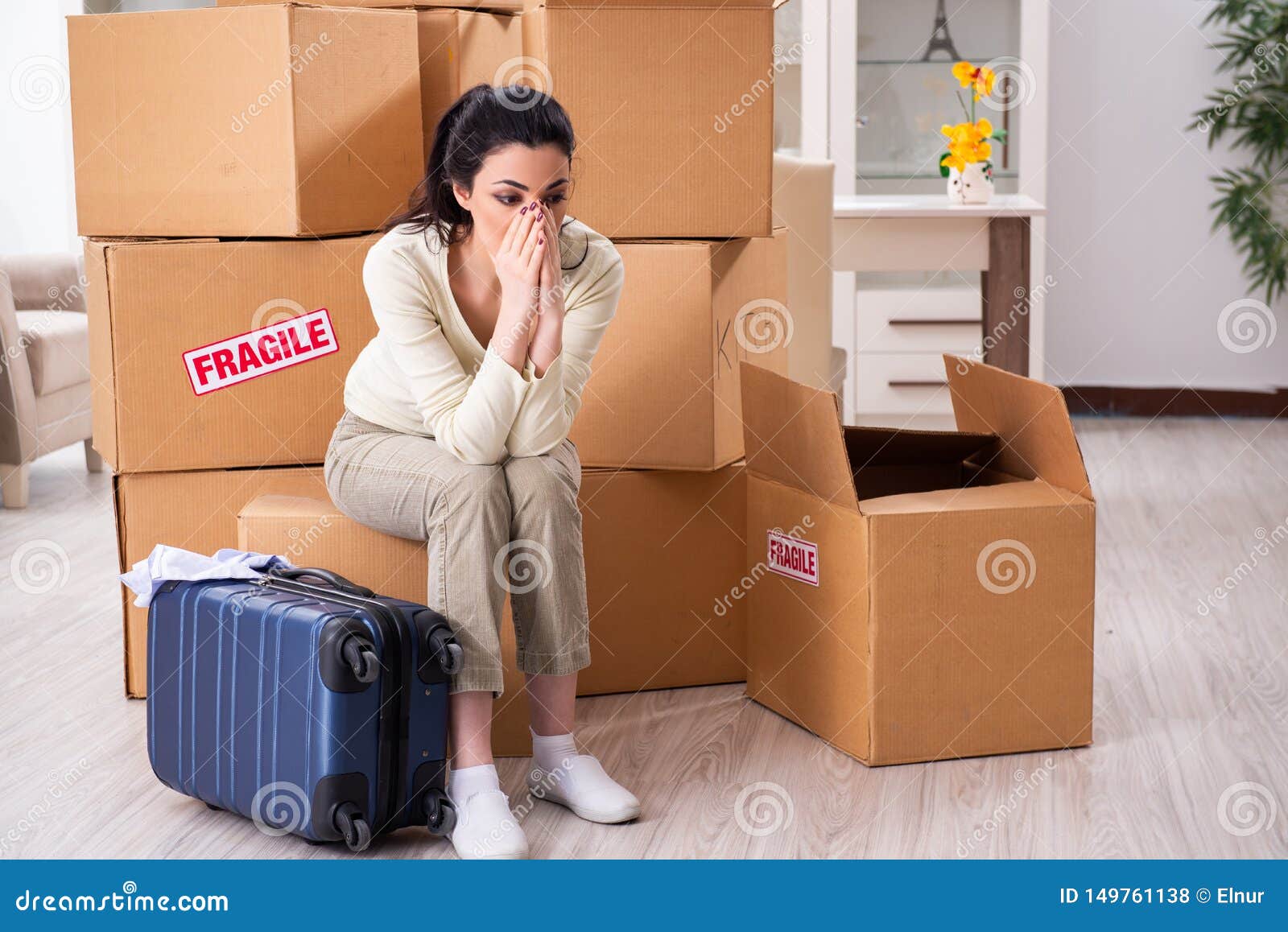 Young Woman Moving To New Flat Stock Photo - Image of movers, baggage ...