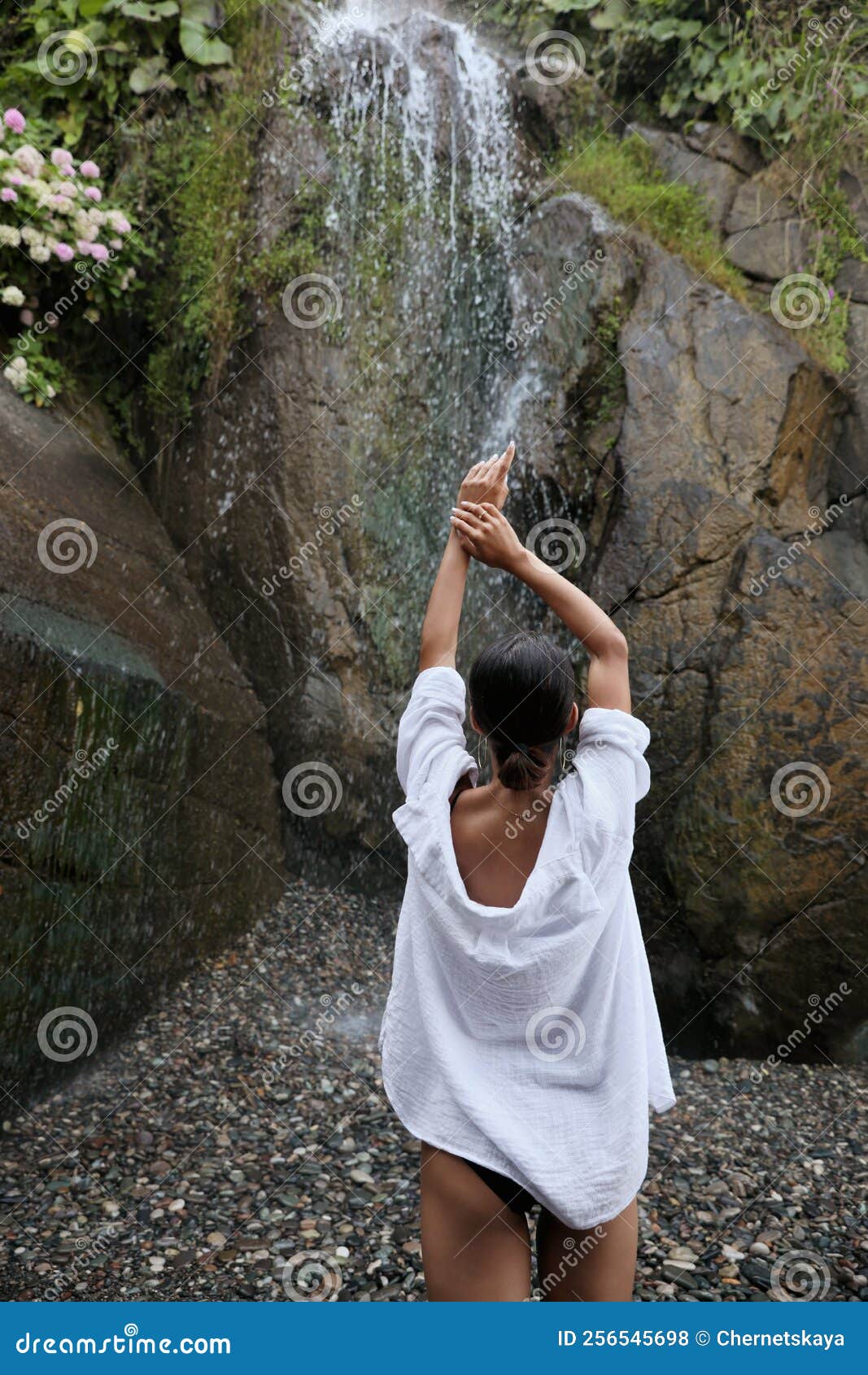Young Woman Near Beautiful Waterfall Outdoors, Back View Stock Photo ...