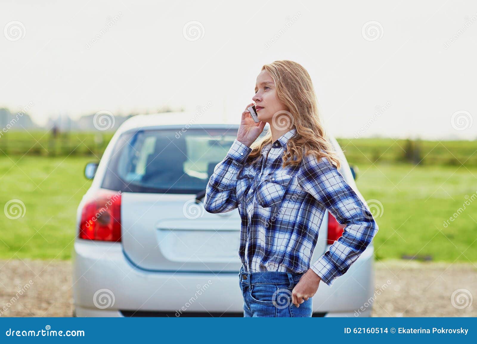 Young Woman Near a Broken Car Calling for Help Stock Photo - Image of ...