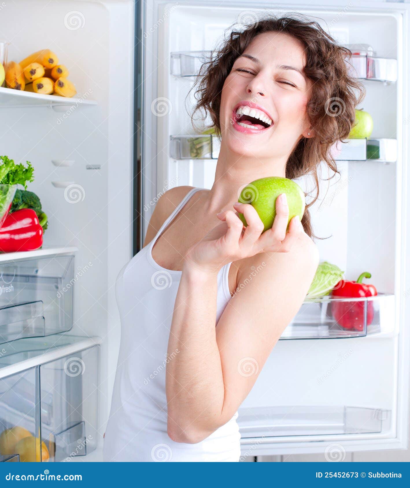 Young Woman Near the Refrigerator Stock Image - Image of fruits, food ...